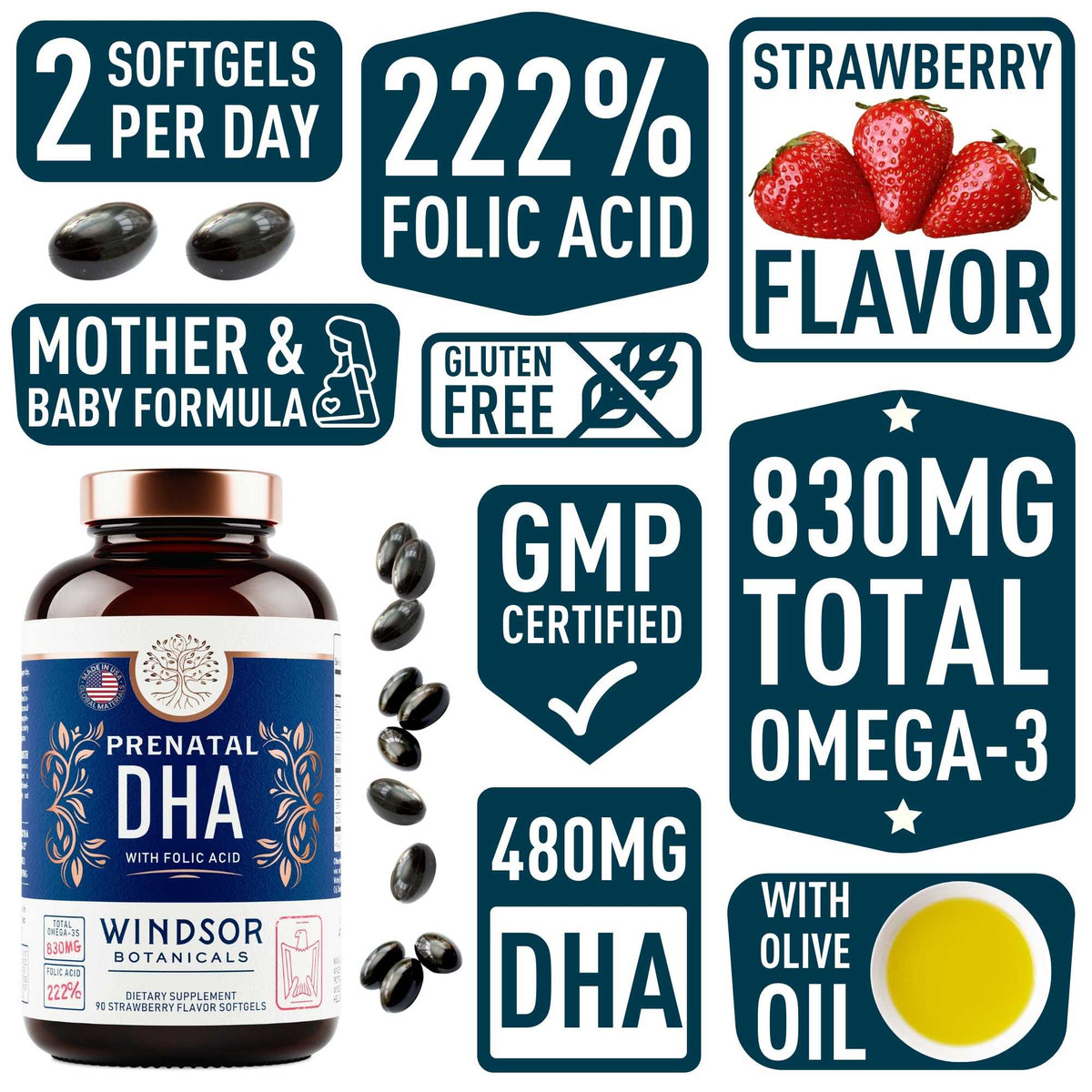 Prenatal DHA with Folic Acid - Fetal Development Support - 90 Softgels ...